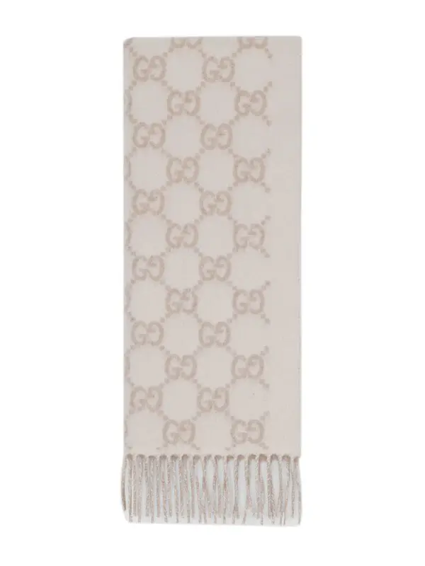 Gucci Gg Cashmere Scarf With Fringe Trim, W45cm X L190cm - Bianco