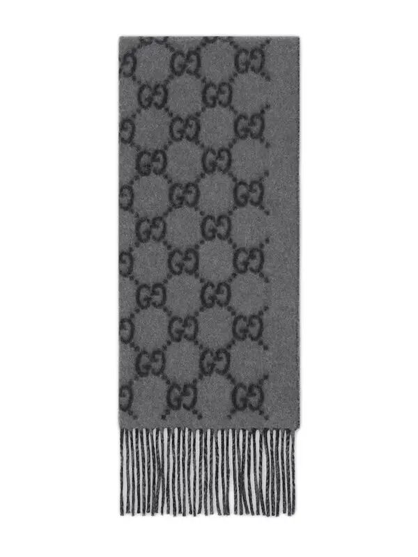 Gucci Gg Cashmere Jacquard Scarf With Fringe Trim, W45cm X L190cm - Grigio