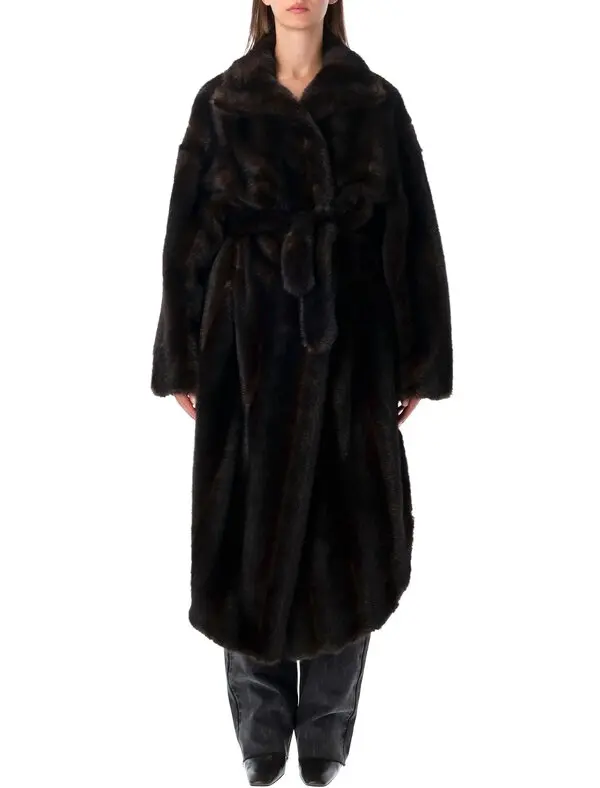THE FRANKIE SHOP Faux Fur Long Coat With Tie Belt - Marrone