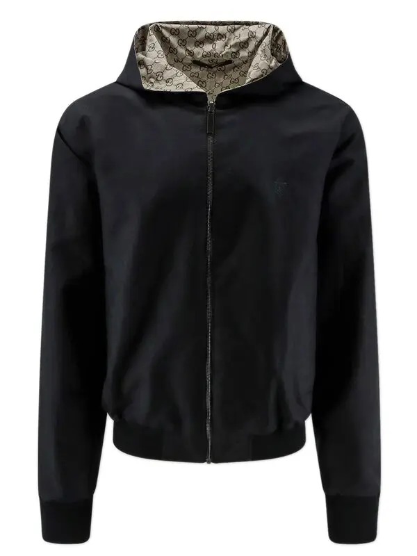 Gucci Compact Canvas Hooded Zip Jacket With Embroidered Crest