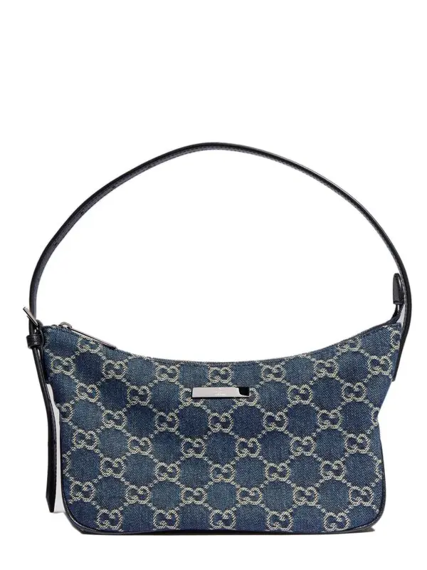 Gucci 14 Cm Height Mini Denim Shoulder Bag With Leather Trim, Adjustable Strap & Zip Pocket