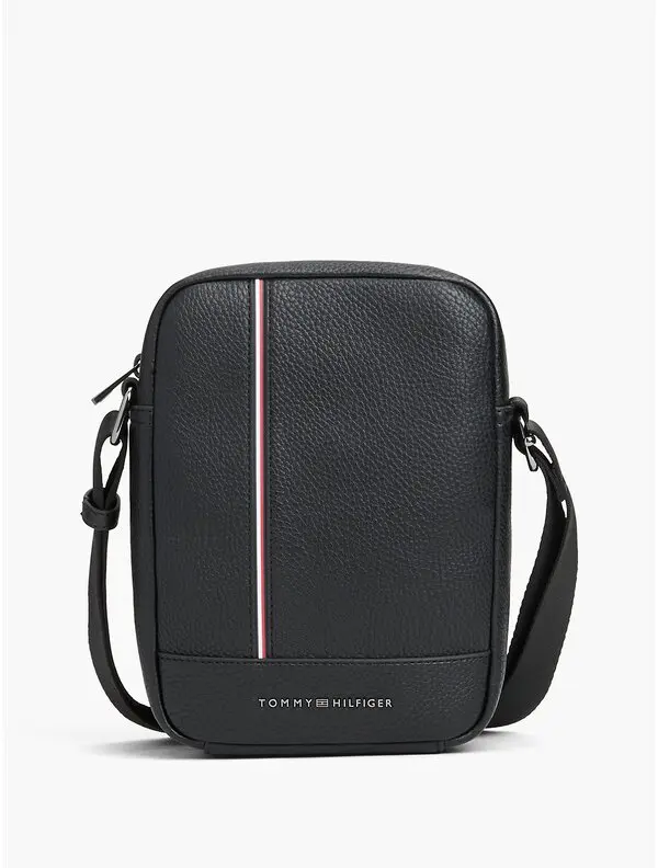 Tommy Hilfiger Signature Stripe Pebbled Mini Reporter Bag - Black
