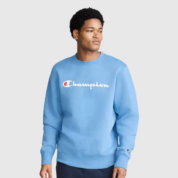 Champion Powerblend Crewneck Sweatshirt, Classic Script Logo - Riviera