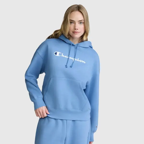Champion Women’s Powerblend Relaxed Hoodie, Script Logo - Riviera