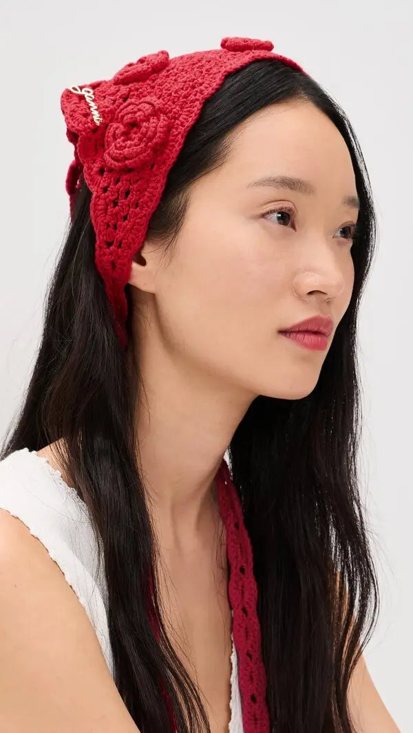 GANNI Crochet Head Scarf With Floral Pattern
