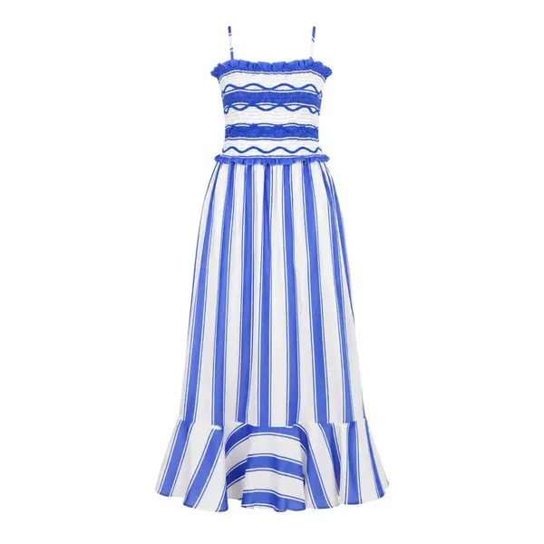 ROSE & NANCY Seraphine And White Stripe Wave Embroidered Maxi Dress - Blue