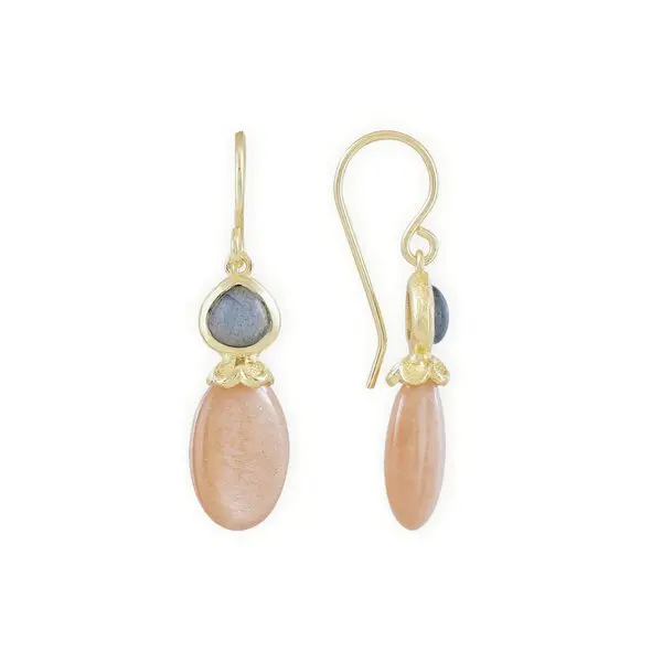 AZUNI LONDON Gold / Orange / Grey Persephone Double Gemstone Earrings Peach Moonstone & Labradorite - Gold/orange/grey
