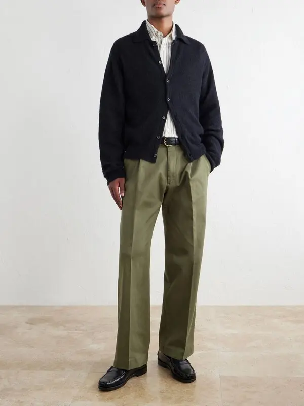 Nn07 Wide-leg Pleated Organic Cotton-blend Twill Trousers - Green