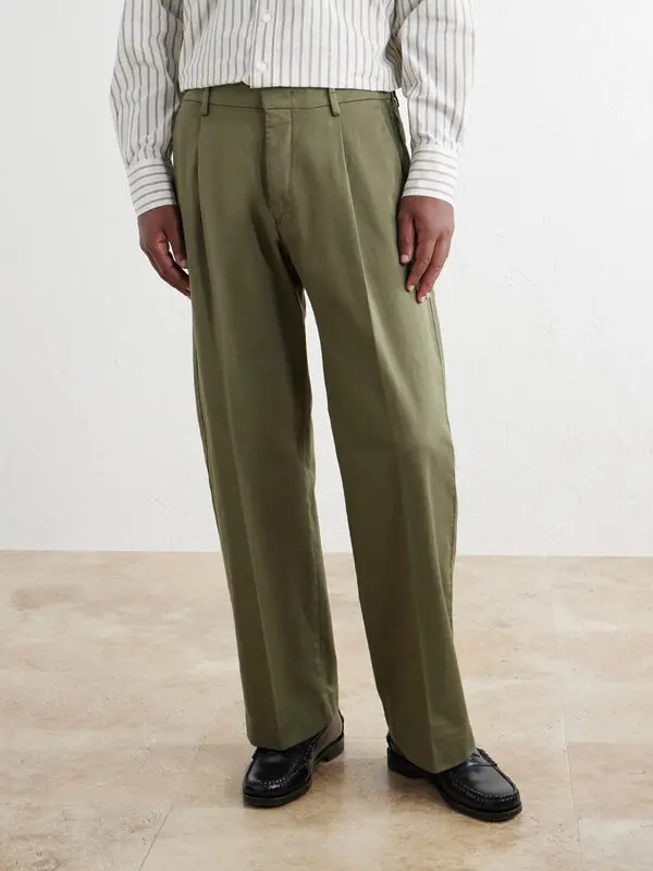 Nn07 Wide-leg Pleated Organic Cotton-blend Twill Trousers - Green