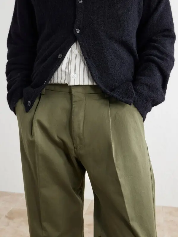 Nn07 Wide-leg Pleated Organic Cotton-blend Twill Trousers - Green