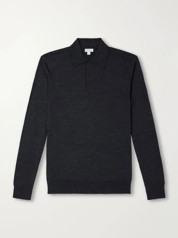 Sunspel Merino Wool Long Sleeve Polo - Gray