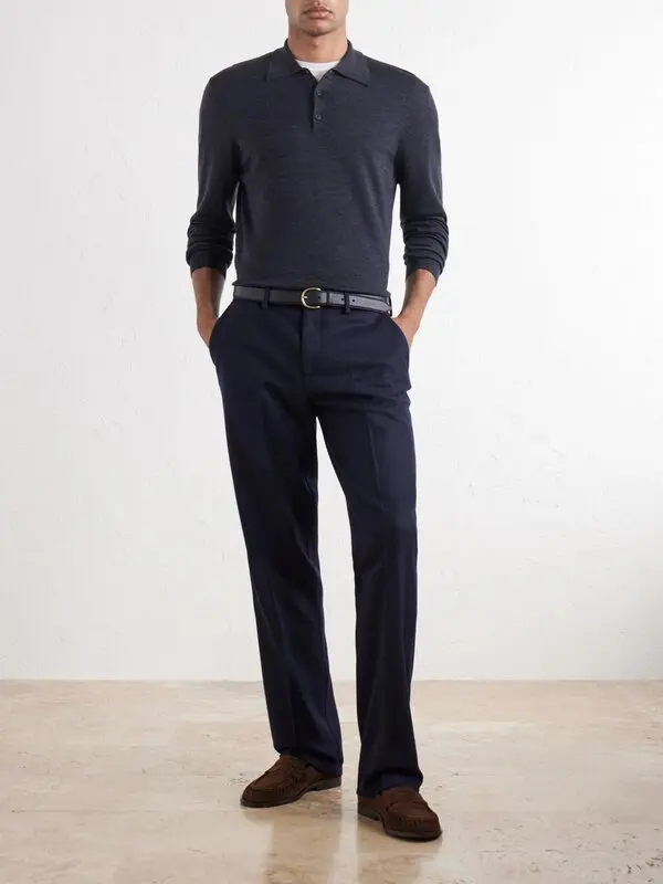 Sunspel Merino Wool Long Sleeve Polo - Gray