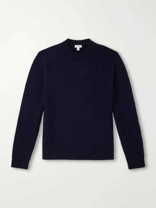 Sunspel Merino Wool Basketweave Sweater - Blue