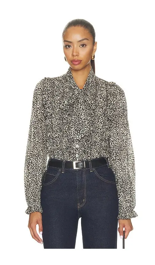 Sea Charlize Print Longsleeve Bow Top In Black & White