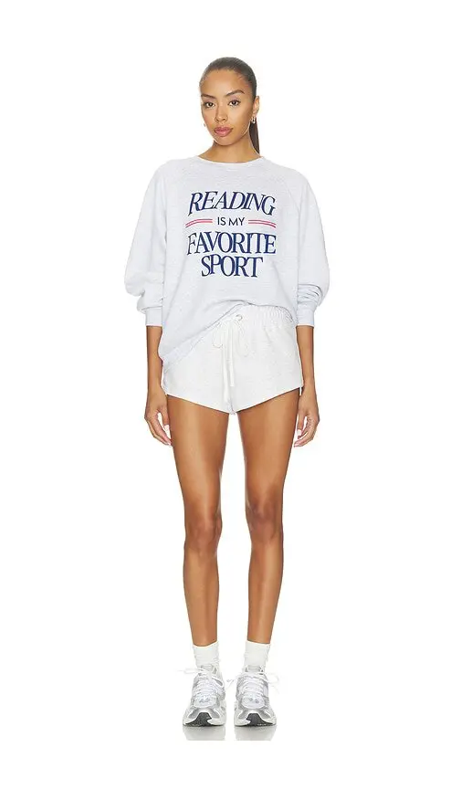SUNNY SOMEWHERE Reading Is My Favorite Sport Raglan Crew Sweater In Grey