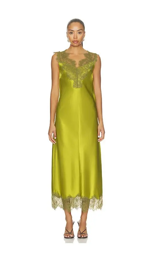 SIMONMILLER Bea Satin Lace Midi Dress In Green - Chartreuse