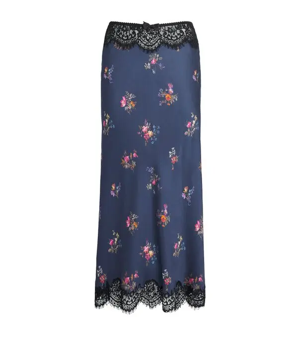 SELF-PORTRAIT Satin Floral Print Maxi Skirt - Navy