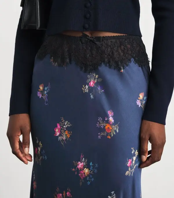 SELF-PORTRAIT Satin Floral Print Maxi Skirt