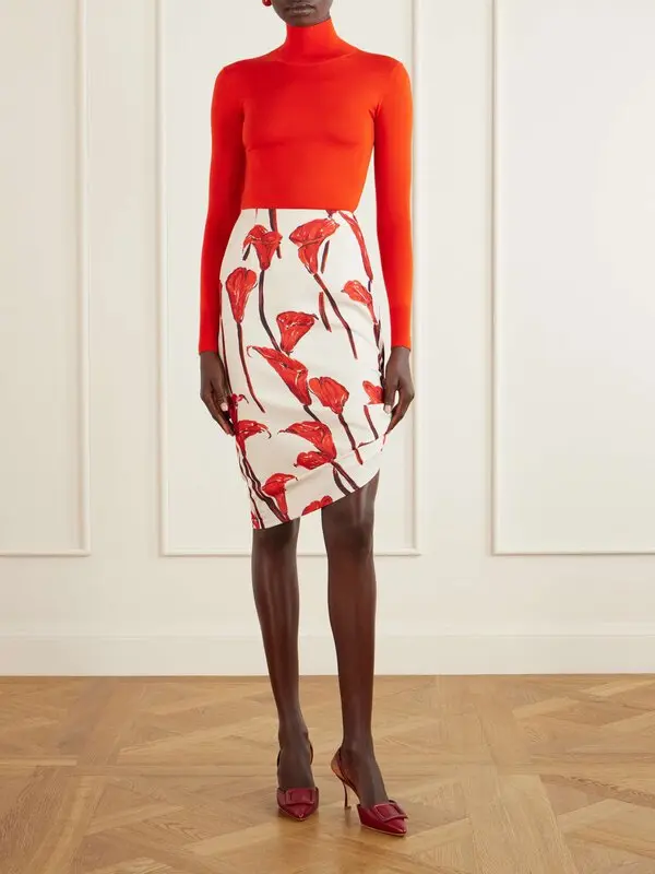 Carolina Herrera Asymmetrical Floral-print Cady Midi Skirt