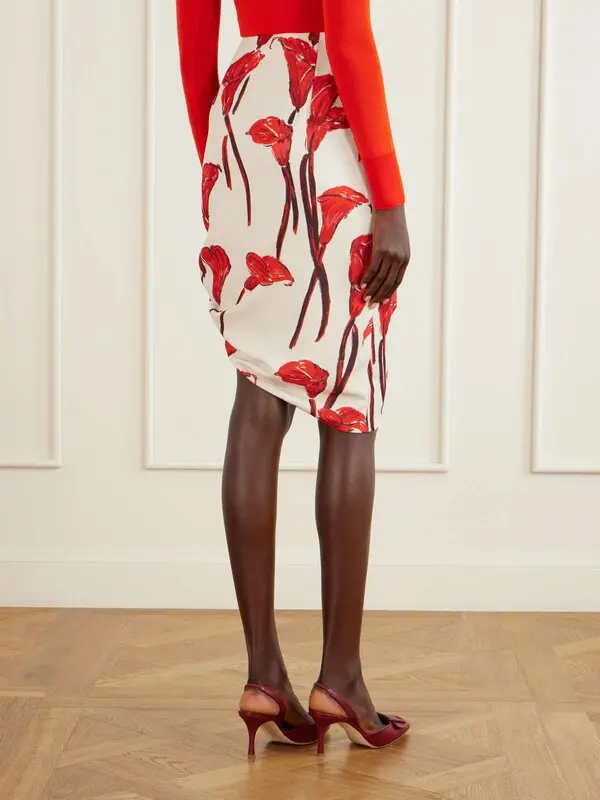 Carolina Herrera Asymmetrical Floral-print Cady Midi Skirt