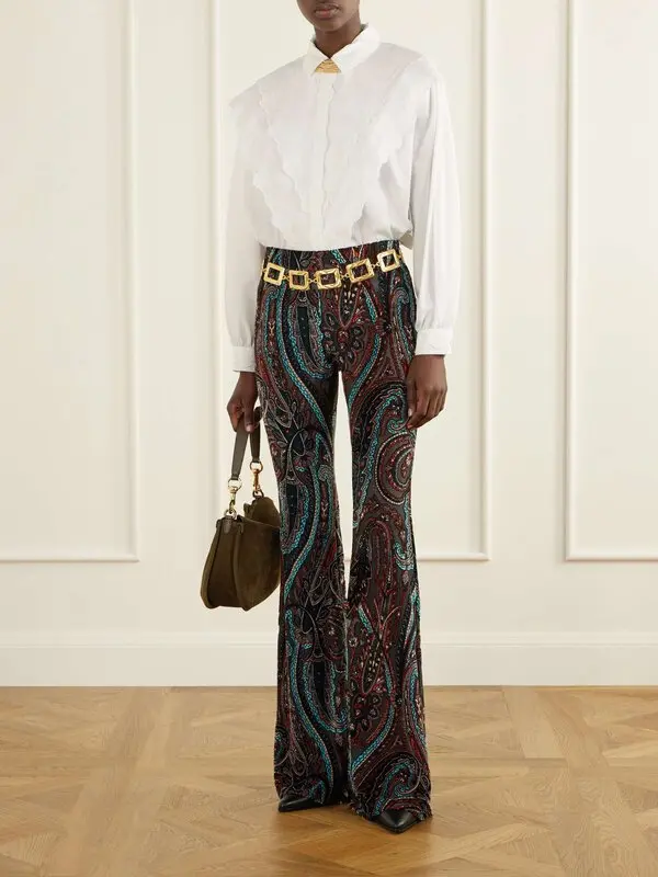 Etro Paisley-appliquéd Mesh Flared Pants