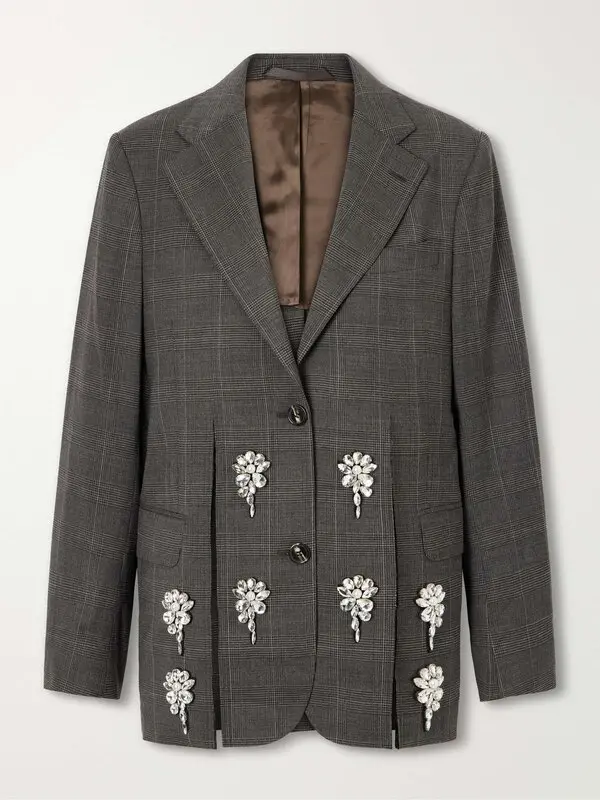 Simone Rocha Embellished Prince Of Wales Stretch-wool Blazer - Gray