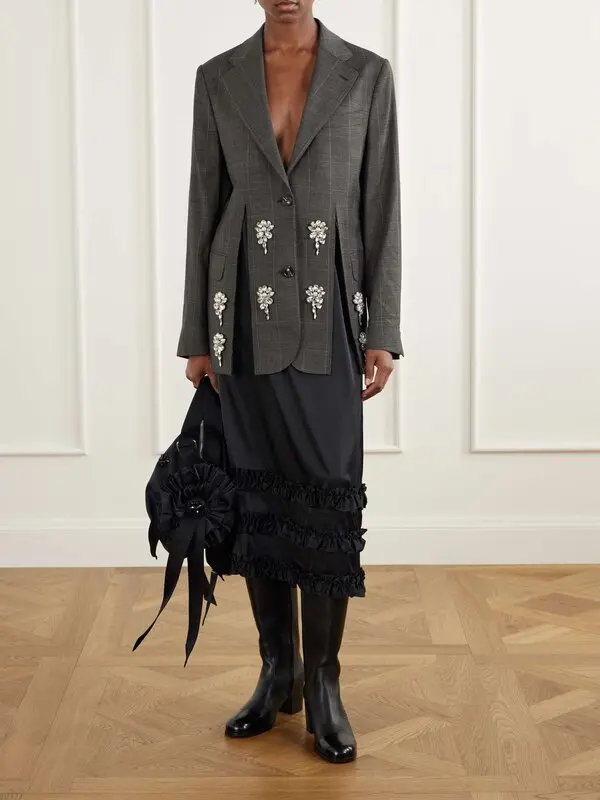 Simone Rocha Embellished Prince Of Wales Stretch-wool Blazer