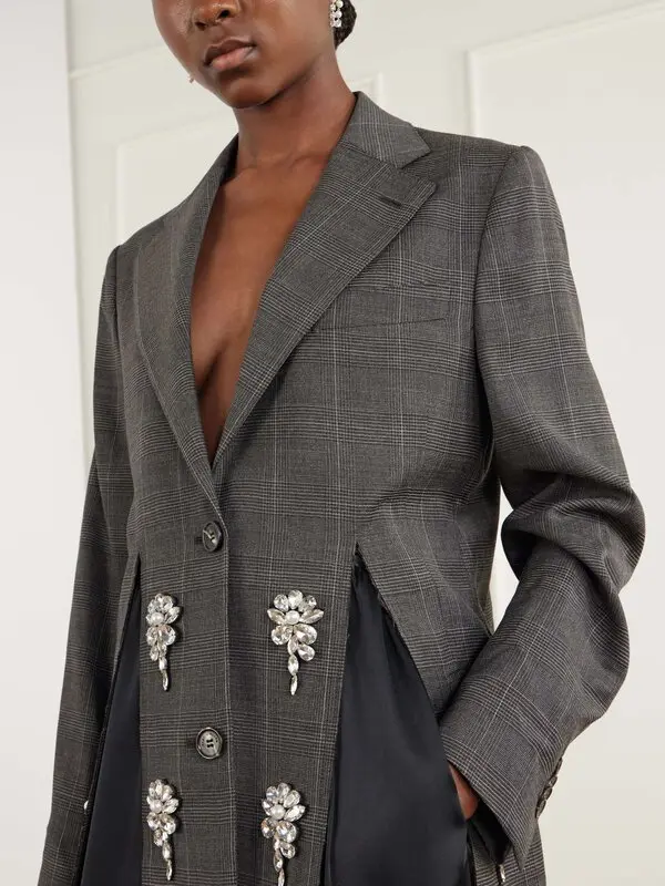Simone Rocha Embellished Prince Of Wales Stretch-wool Blazer
