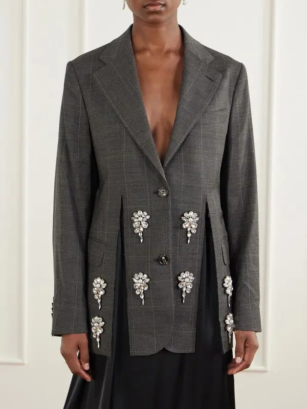 Simone Rocha Embellished Prince Of Wales Stretch-wool Blazer - Gray