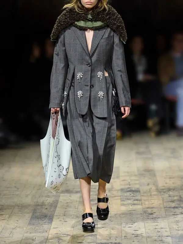 Simone Rocha Embellished Prince Of Wales Stretch-wool Blazer - Gray