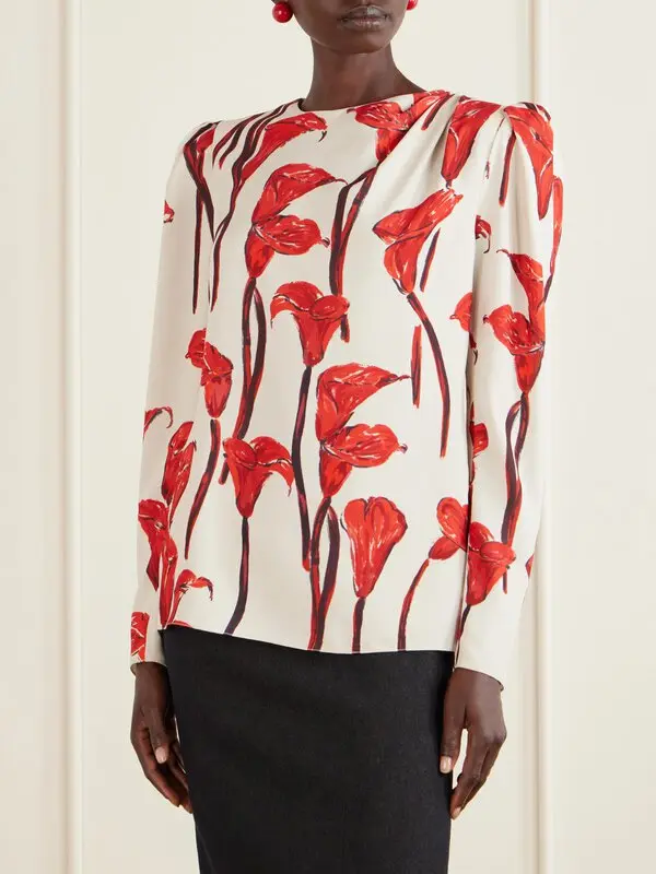 Carolina Herrera Floral Print Cady Blouse - Red