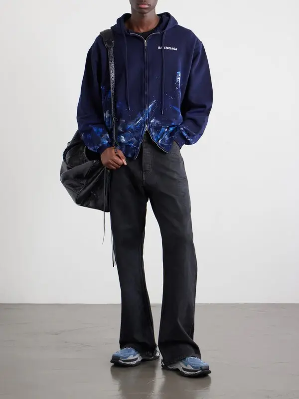 Balenciaga Logo-embroidered Paint-splattered Cotton-jersey Zip-up Hoodie - Blue