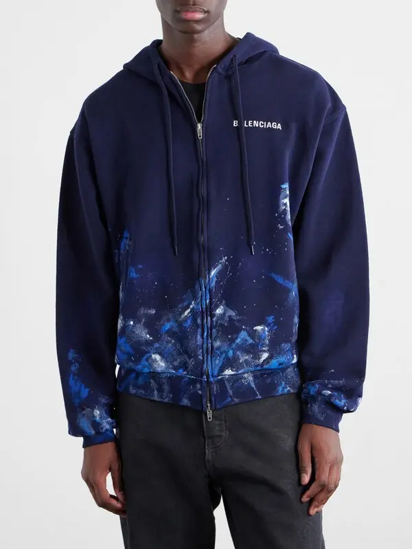 Balenciaga Logo-embroidered Paint-splattered Cotton-jersey Zip-up Hoodie - Blue