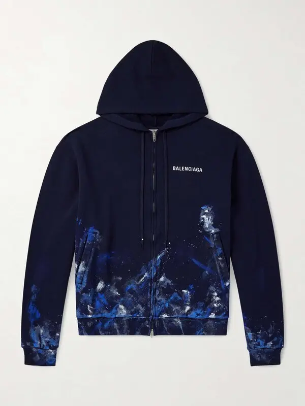 Balenciaga Logo-embroidered Paint-splattered Cotton-jersey Zip-up Hoodie - Navy
