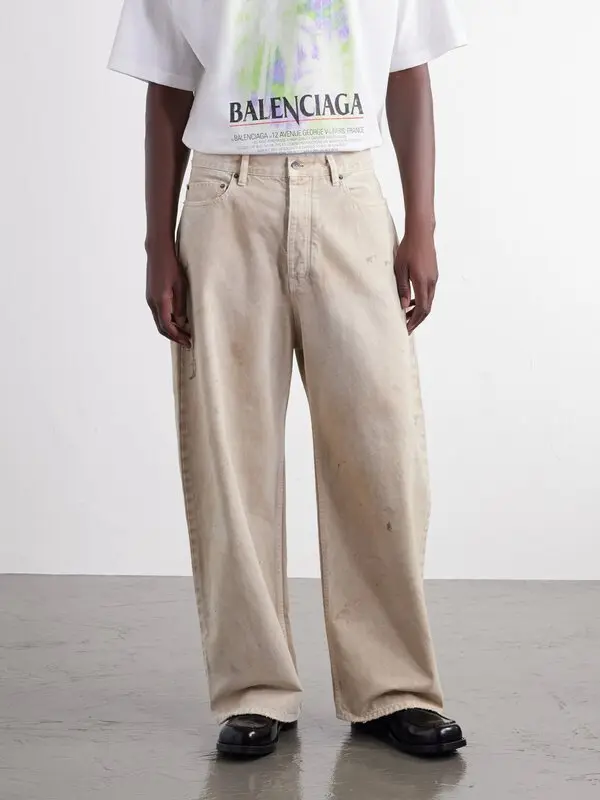 Balenciaga Wide-leg Distressed Paint-splattered Jeans