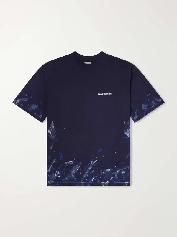 Balenciaga Logo-embroidered Paint-splattered Cotton-jersey T-shirt