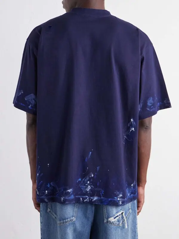 Balenciaga Logo-embroidered Paint-splattered Cotton-jersey T-shirt