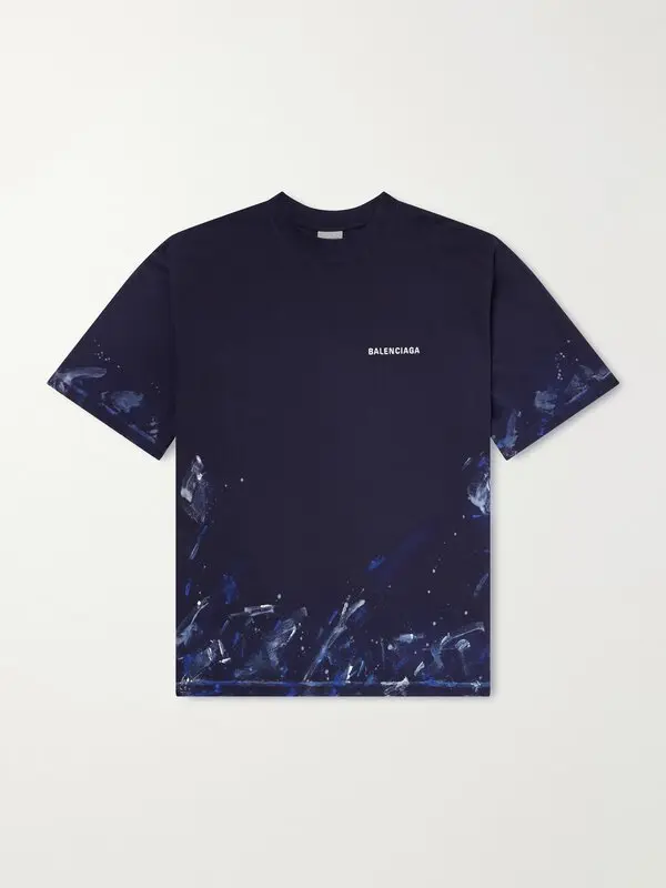 Balenciaga Logo-embroidered Paint-splattered Cotton-jersey T-shirt - Blue