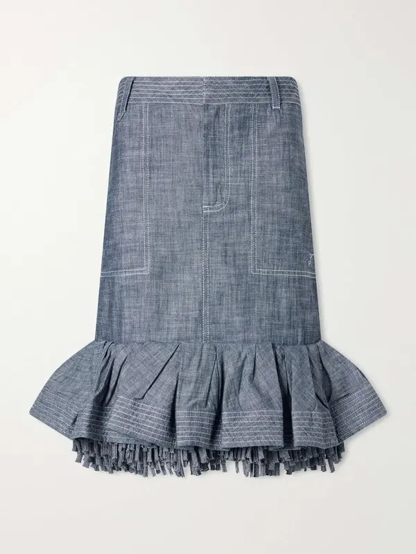 Jacquemus La Jupe Cabana Fringed Ruffled Denim Mid-rise Midi Skirt - Gray