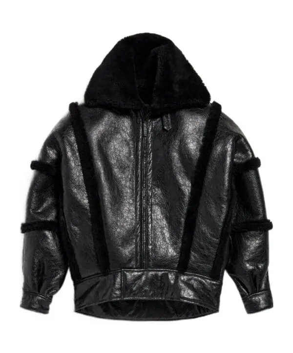Balenciaga High Collar Leather Jacket With Shearling Details And Lining