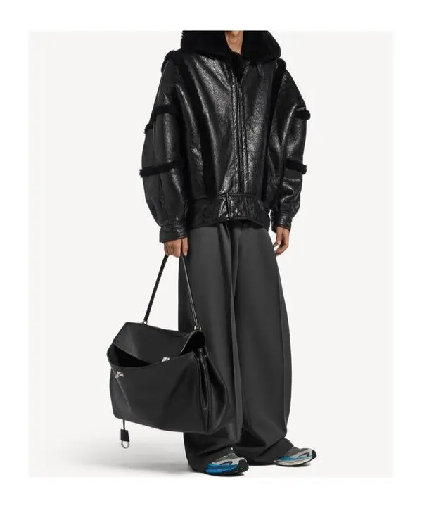 Balenciaga High Collar Leather Jacket With Shearling Details And Lining