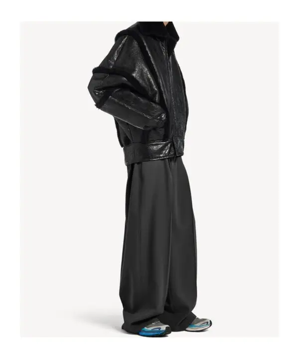 Balenciaga High Collar Leather Jacket With Shearling Details And Lining