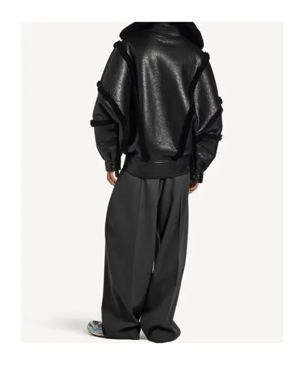 Balenciaga High Collar Leather Jacket With Shearling Details And Lining