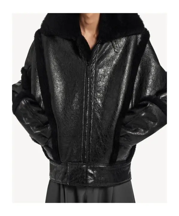 Balenciaga High Collar Leather Jacket With Shearling Details And Lining