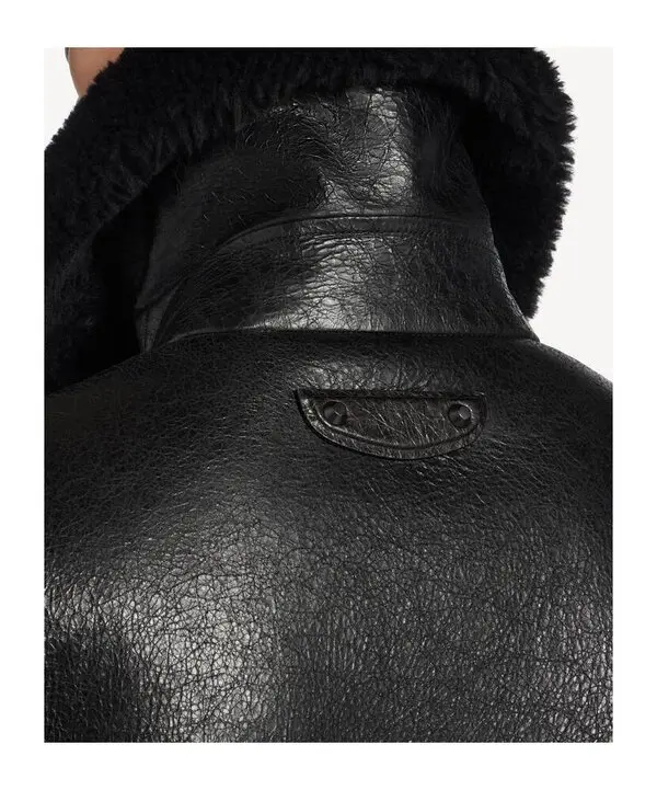 Balenciaga High Collar Leather Jacket With Shearling Details And Lining