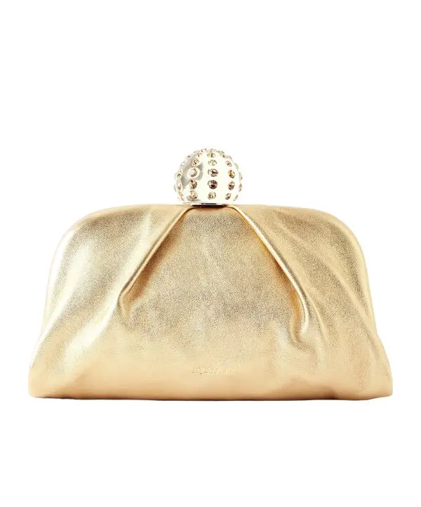 AQUAZZURA Crystal-embellished Metallic Leather Clutch - Nude
