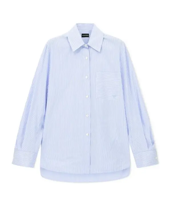 Emporio Armani Striped Cotton Poplin Shirt With A Single Chest Pocket - Light Blue