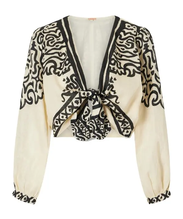 Johanna Ortiz Printed Linen Cropped Top With Tie Detail - White