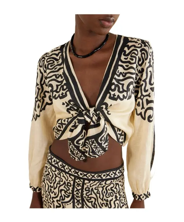 Johanna Ortiz Printed Linen Cropped Top With Tie Detail