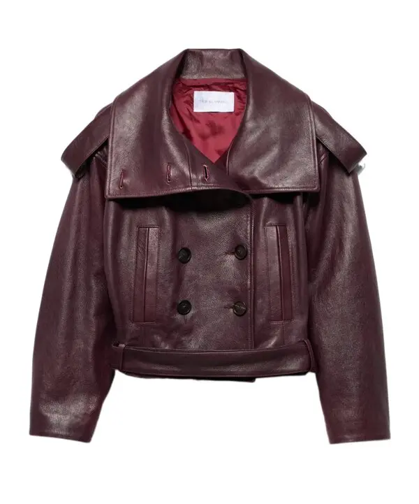 7 For All Mankind Double-breasted High-neck Leather Jacket - Cherry Color